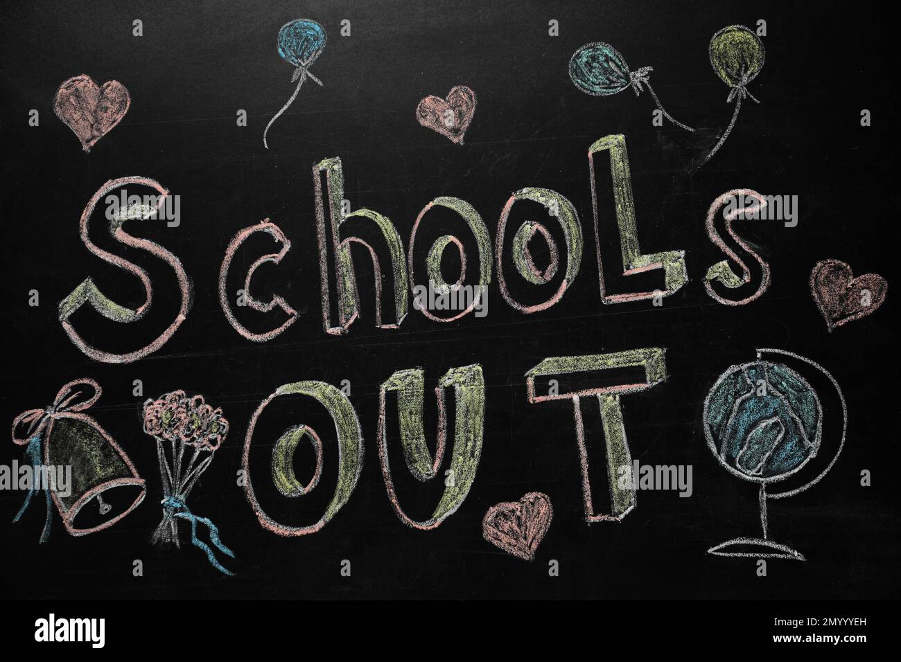 Text SCHOOL'S OUT and different drawings on blackboard. Summer holidays ...