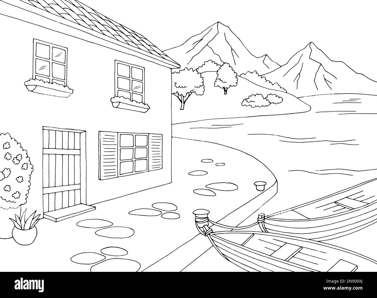 Seafront pier graphic sea bay black white landscape sketch illustration ...