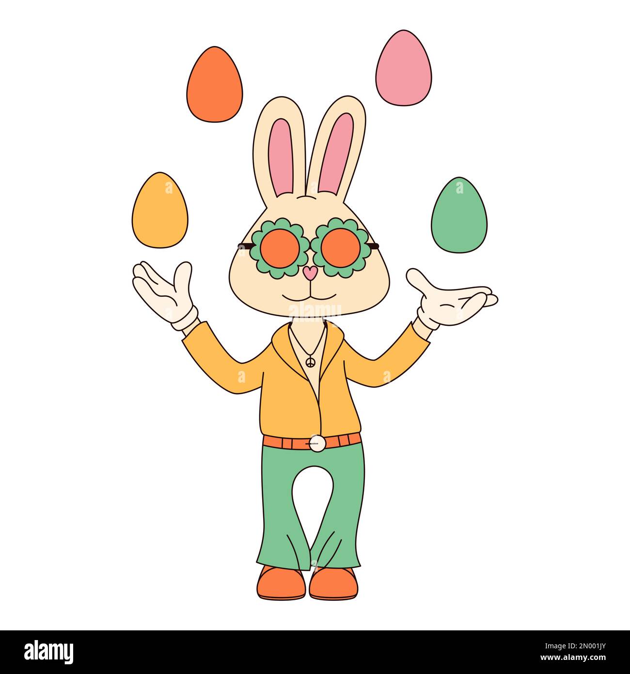 Groovy hippie Happy Easter character. Easter bunny in trendy retro 60s ...