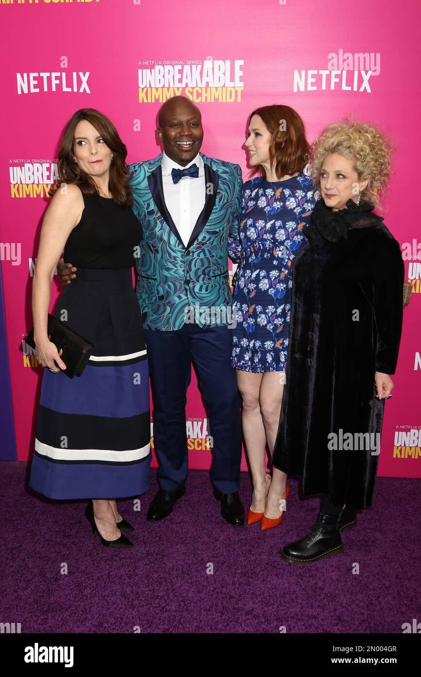 From left, Tina Fey, Tituss Burgess, Ellie Kemper and Carol Kane attend ...
