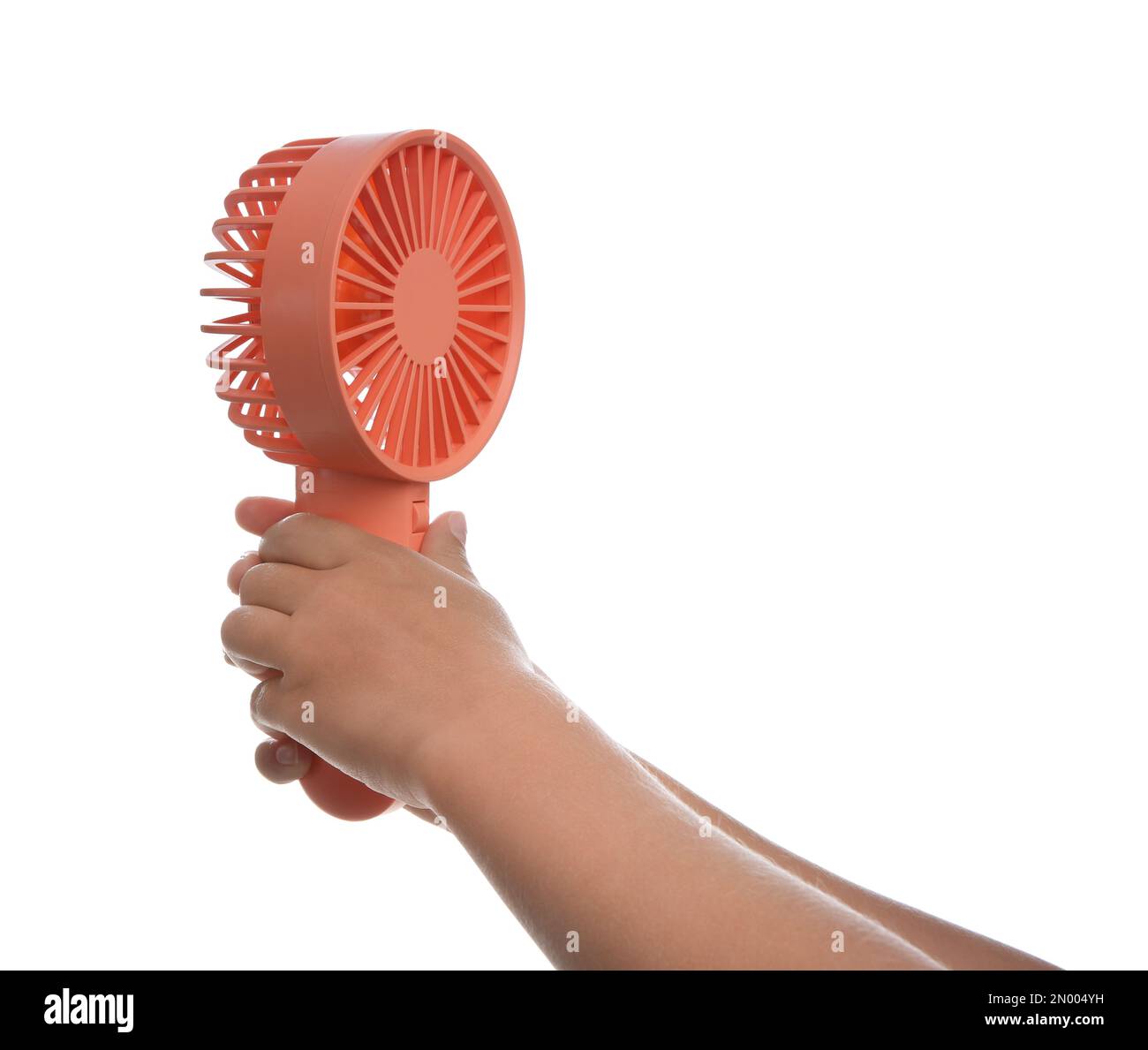 Little child with portable fan on white background, closeup. Summer ...