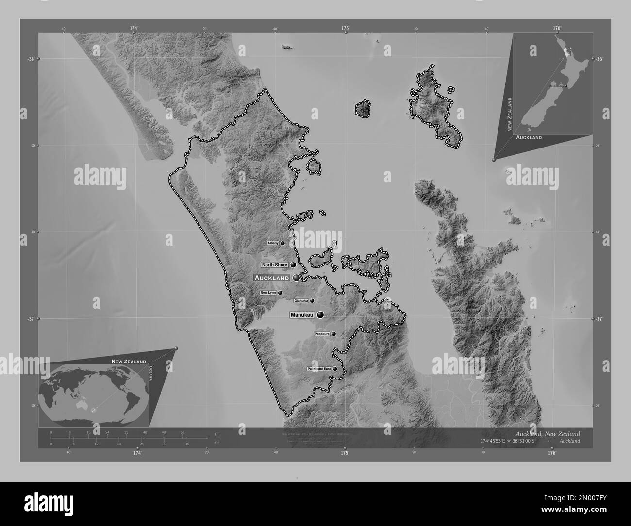 Auckland, regional council of New Zealand. Grayscale elevation map with ...