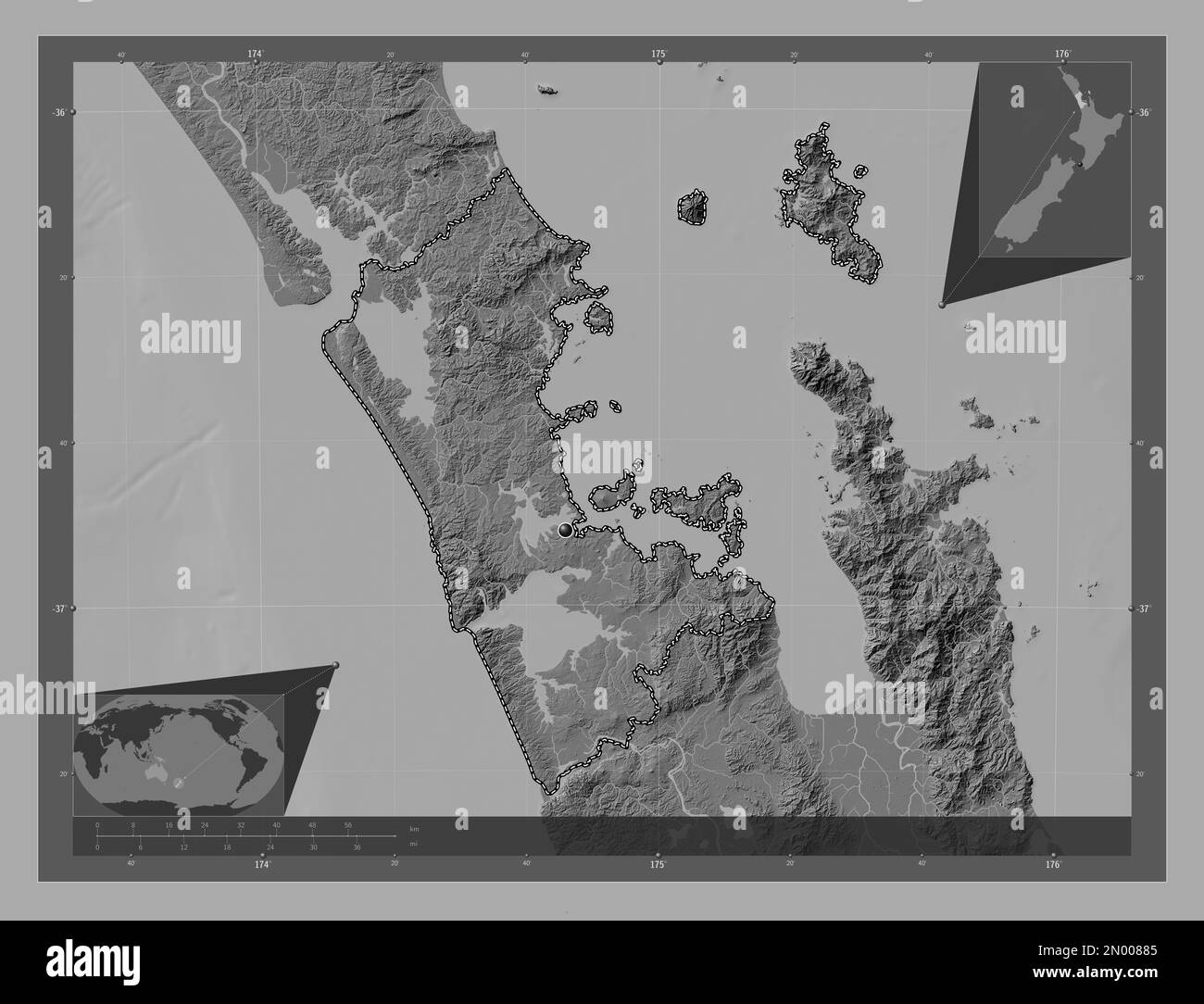 Auckland, regional council of New Zealand. Bilevel elevation map with ...