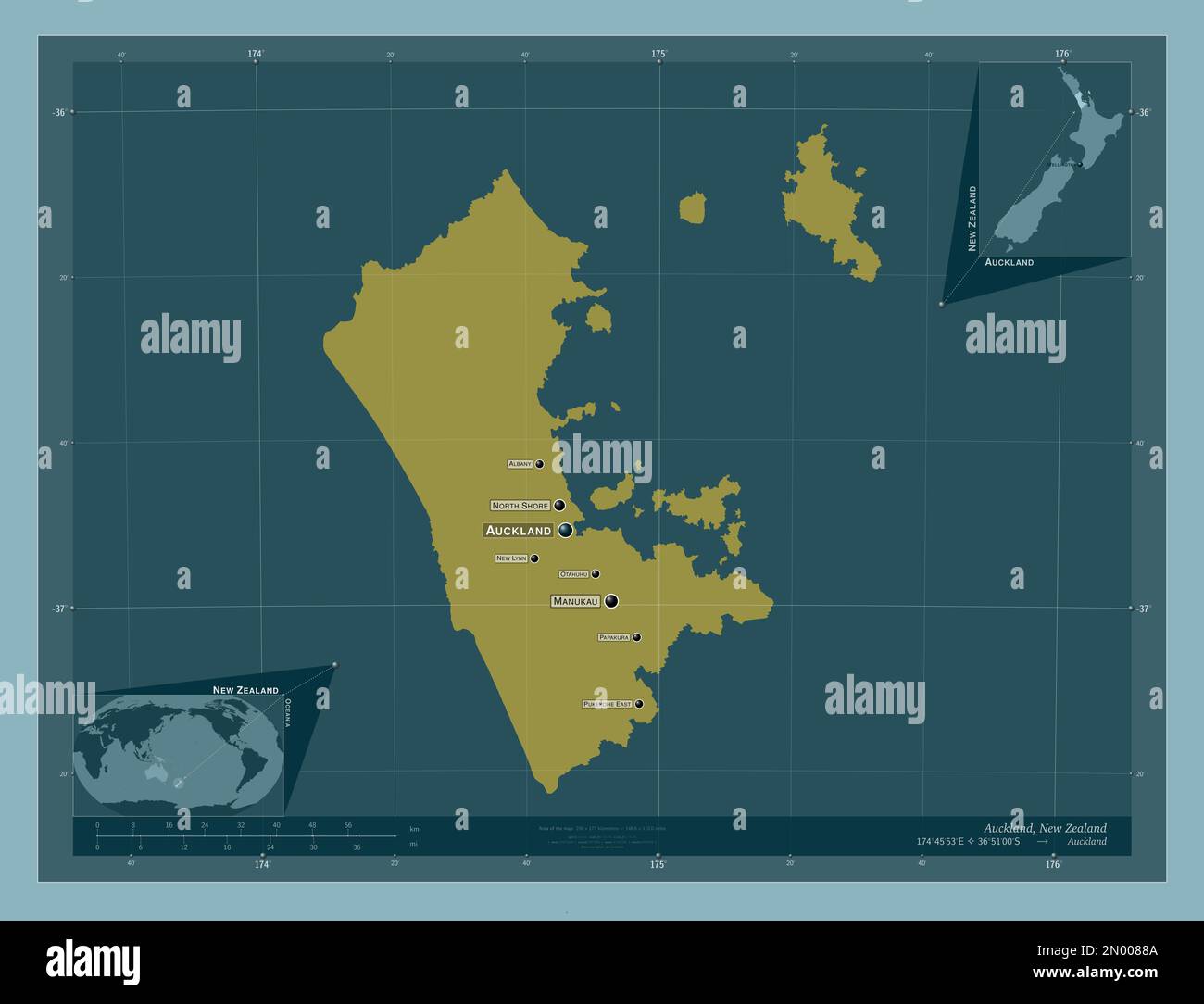 Auckland, regional council of New Zealand. Solid color shape. Locations ...
