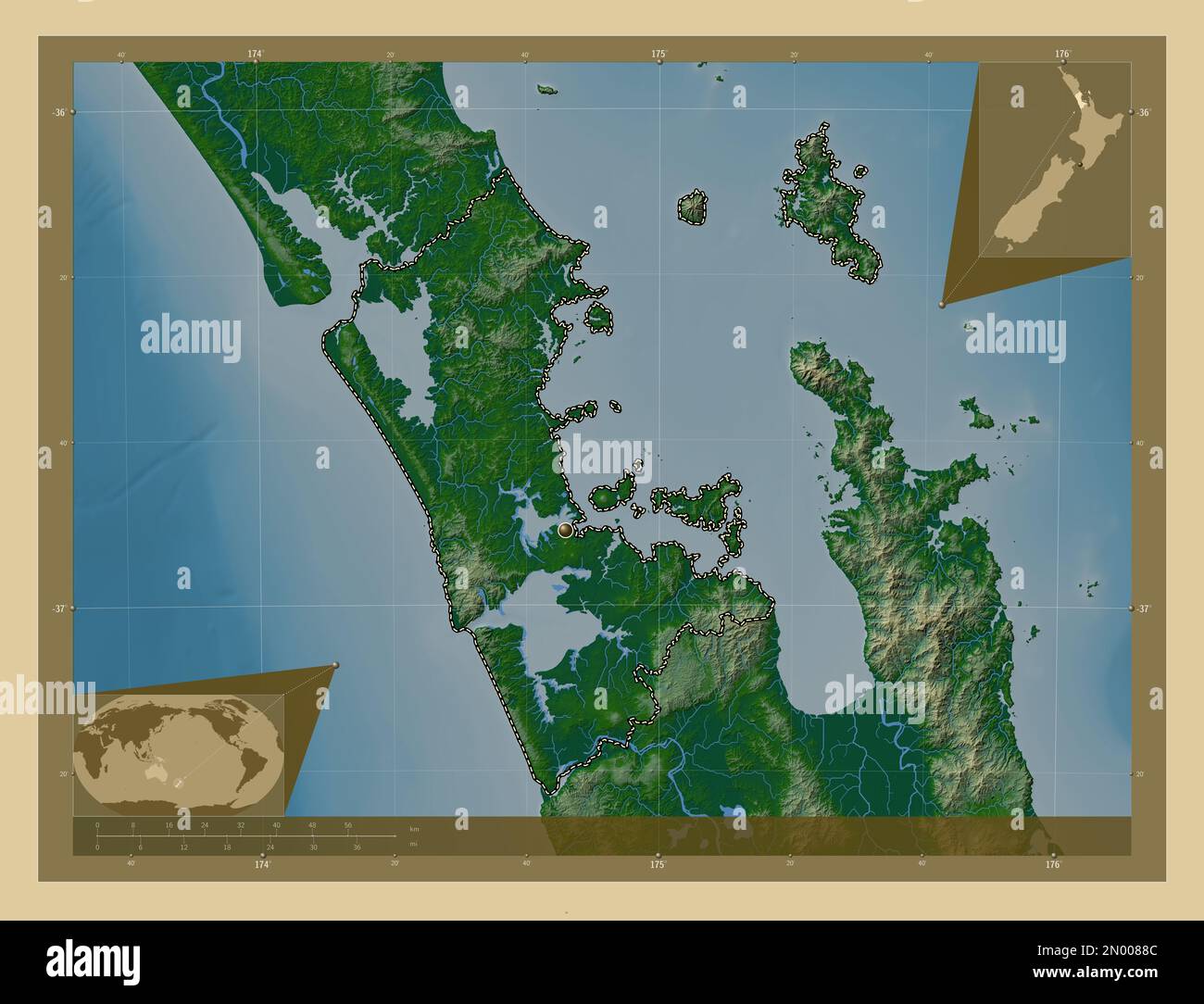 Auckland, regional council of New Zealand. Colored elevation map with ...