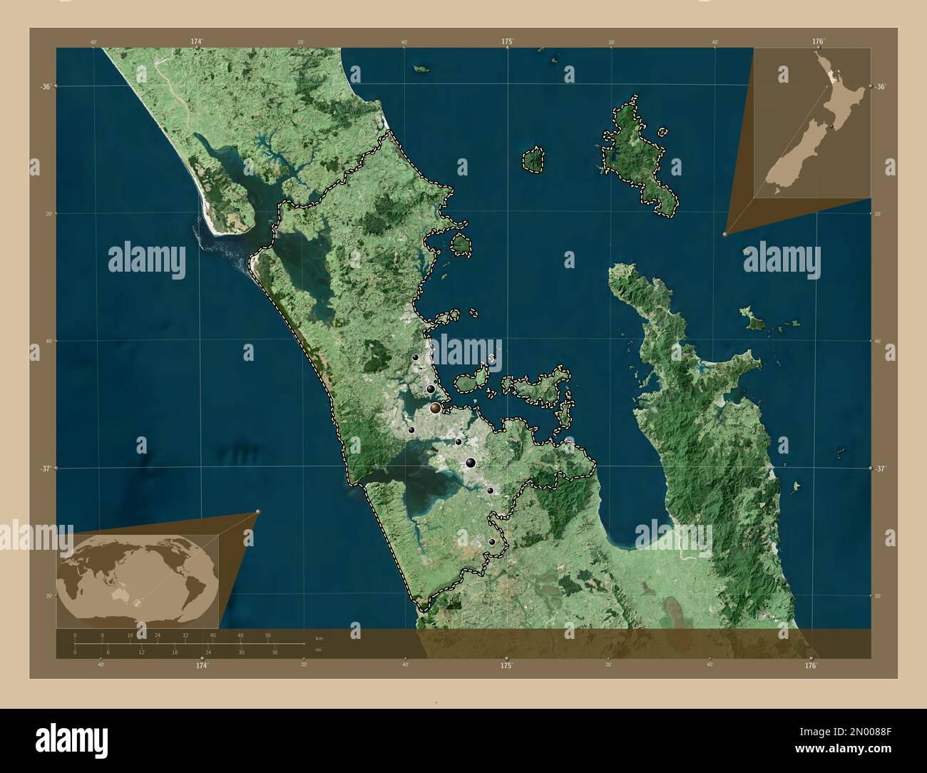 Auckland, regional council of New Zealand. Low resolution satellite map ...