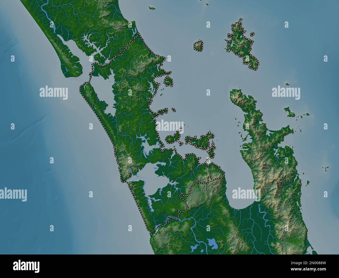 Auckland, regional council of New Zealand. Colored elevation map with ...