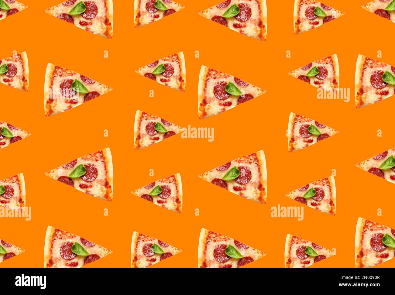 Pepperoni pizza slices on orange background. Pattern design Stock Photo ...