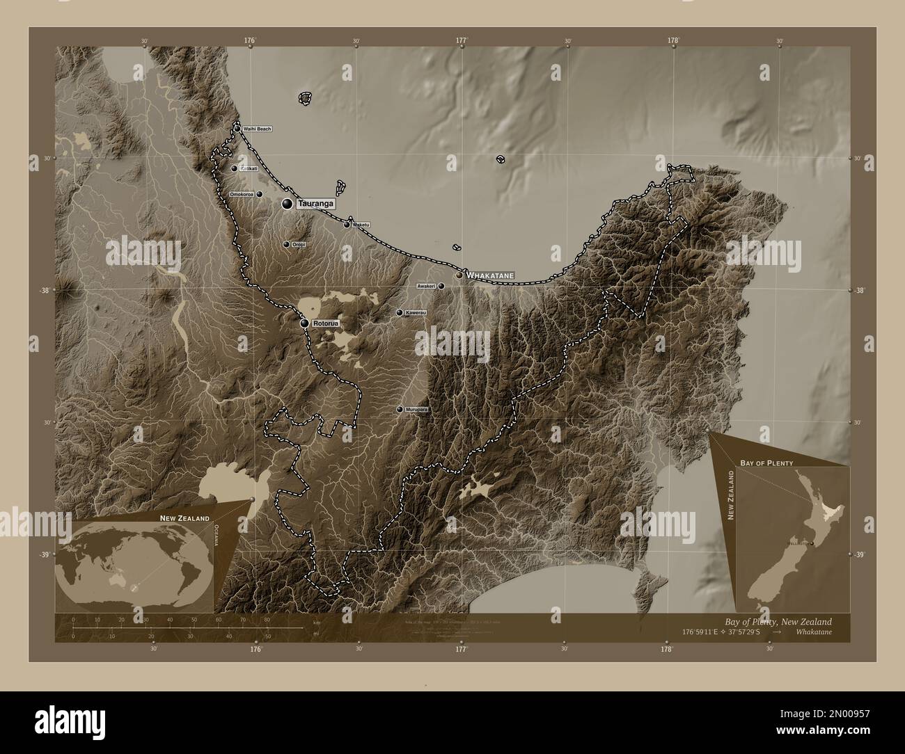 Bay of Plenty, regional council of New Zealand. Elevation map colored ...