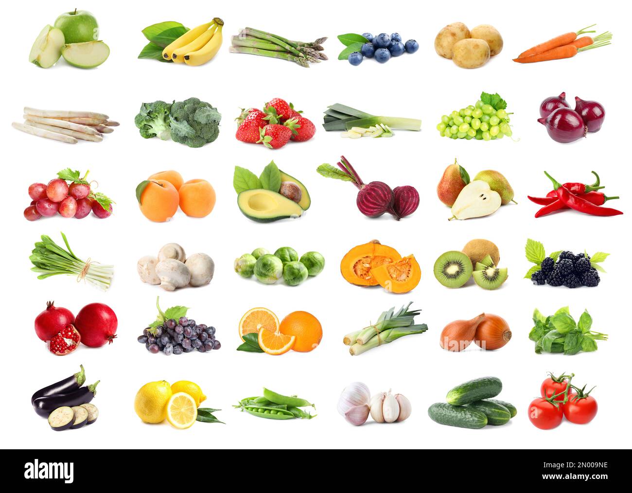 Assortment of organic fresh fruits and vegetables on white background ...