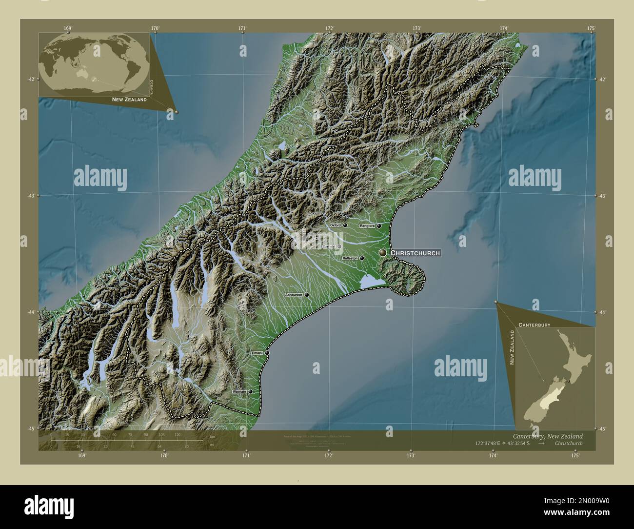 Canterbury, regional council of New Zealand. Elevation map colored in ...