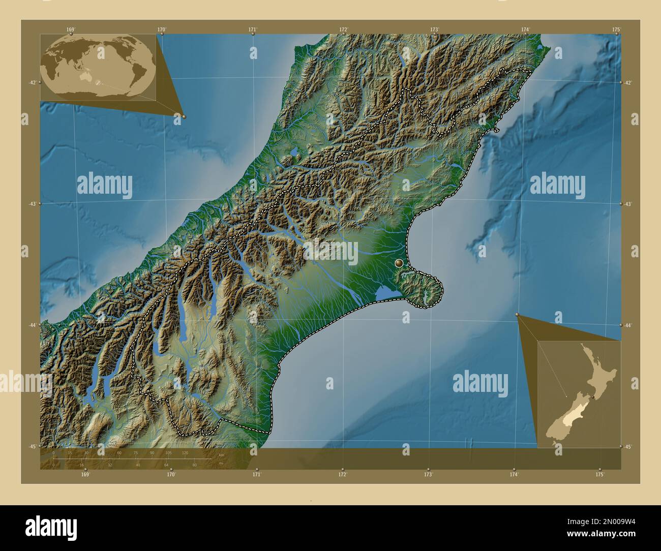 Canterbury, regional council of New Zealand. Colored elevation map with ...