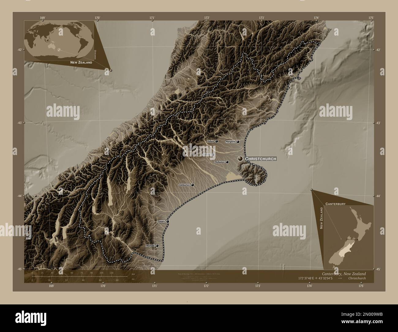 Canterbury, regional council of New Zealand. Elevation map colored in ...