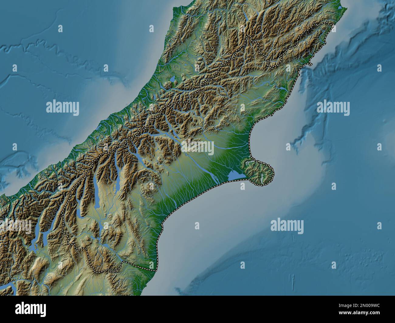 Canterbury, regional council of New Zealand. Colored elevation map with ...
