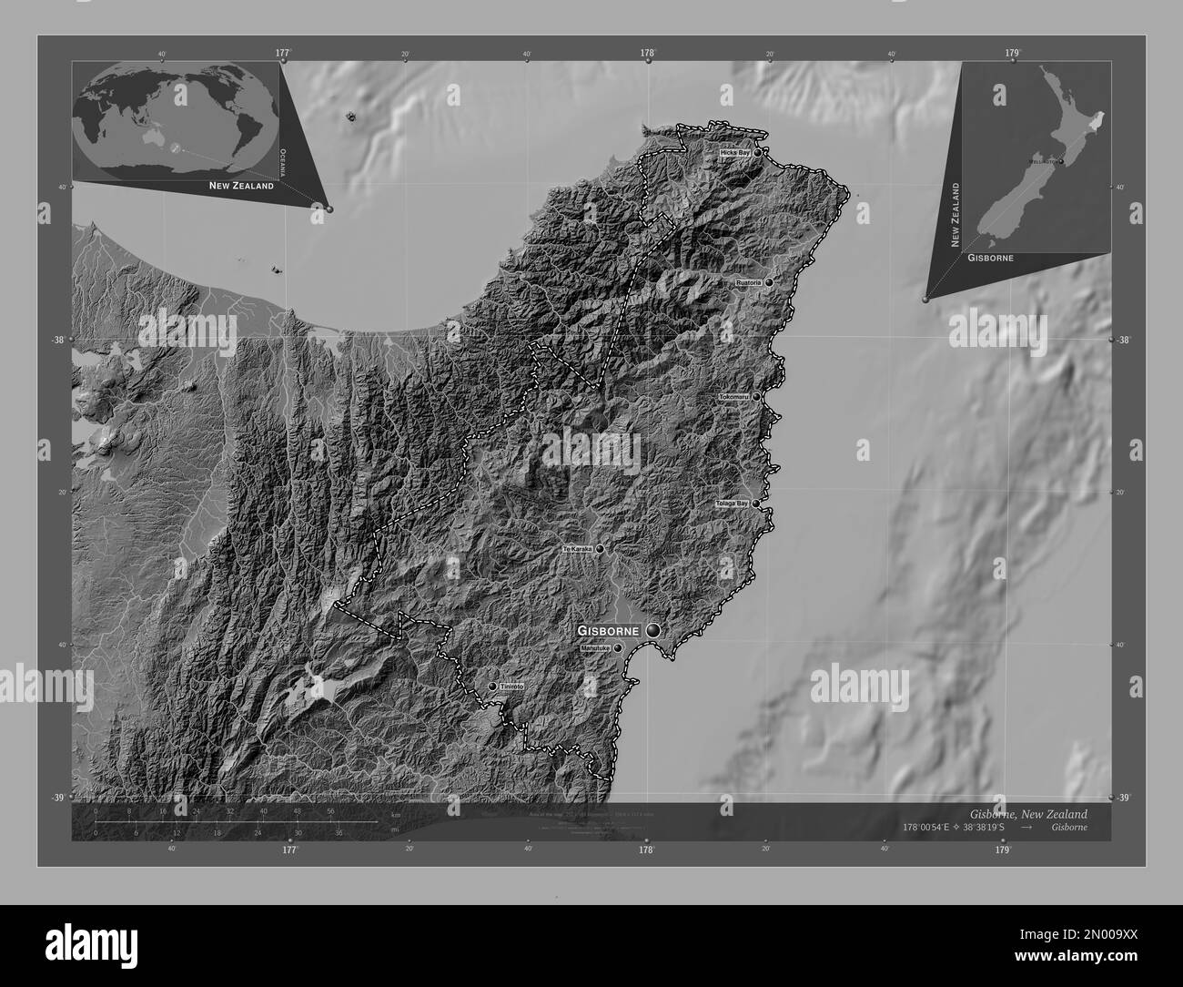 Gisborne, regional council of New Zealand. Bilevel elevation map with ...