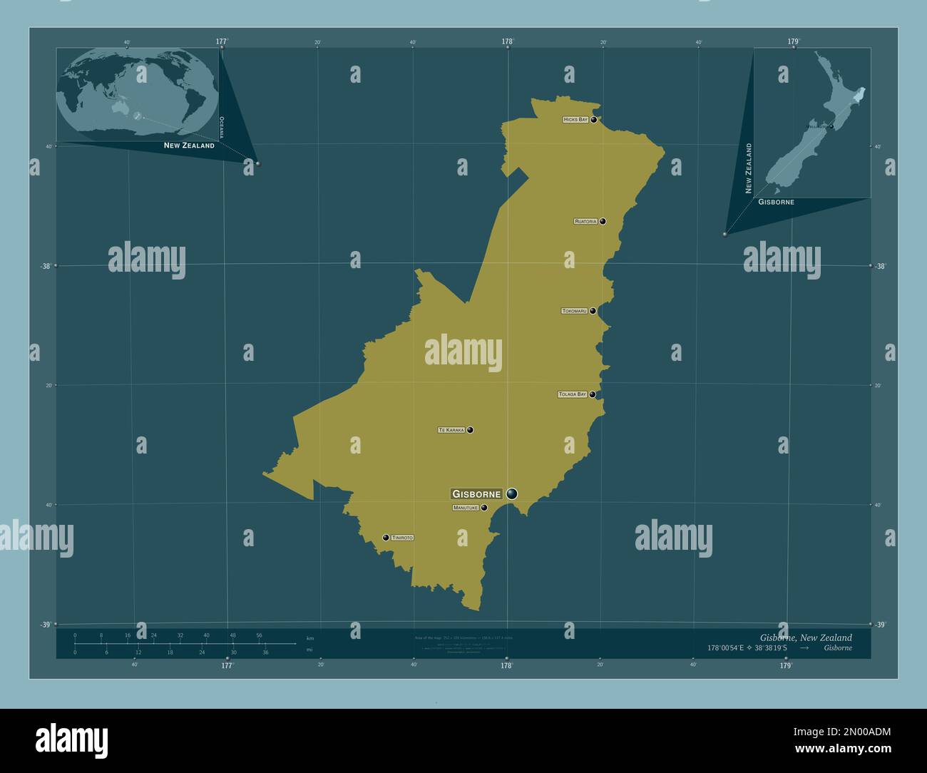 Gisborne, regional council of New Zealand. Solid color shape. Locations ...