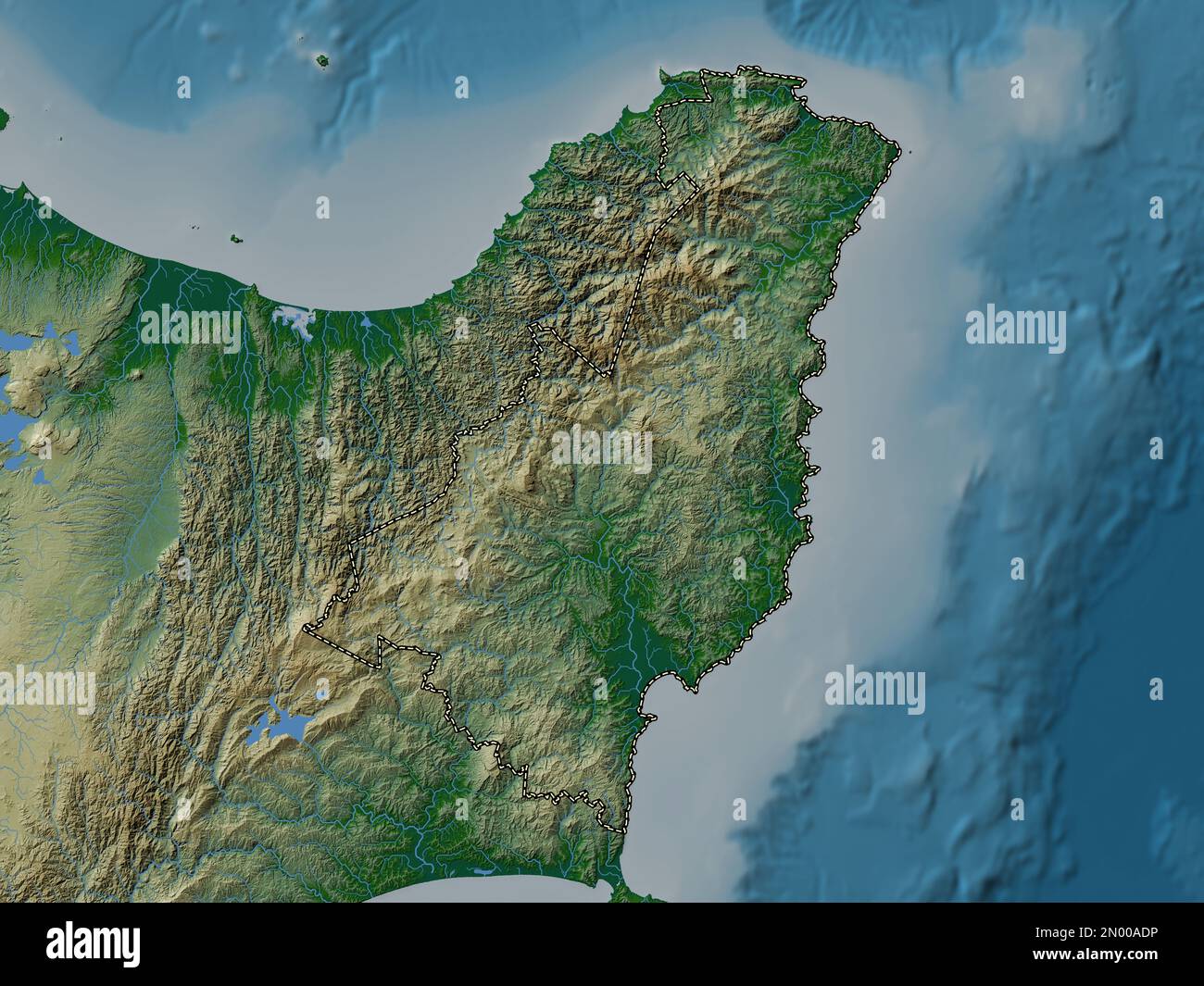Gisborne, regional council of New Zealand. Colored elevation map with ...