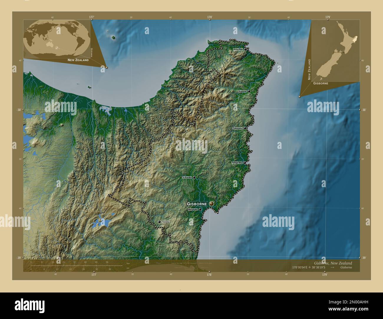 Gisborne, regional council of New Zealand. Colored elevation map with ...