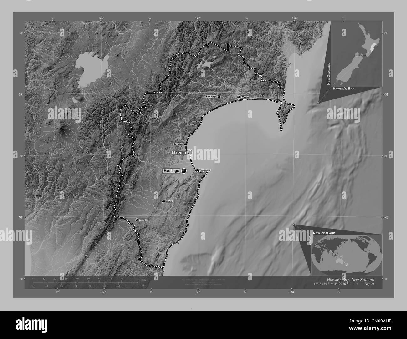 Hawke's Bay, regional council of New Zealand. Grayscale elevation map ...