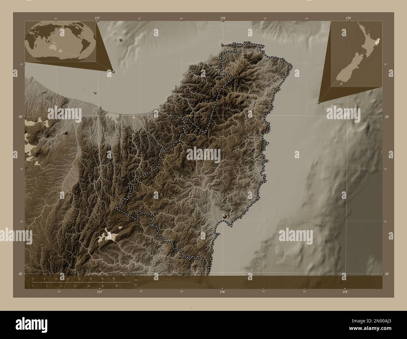 Gisborne, regional council of New Zealand. Elevation map colored in ...