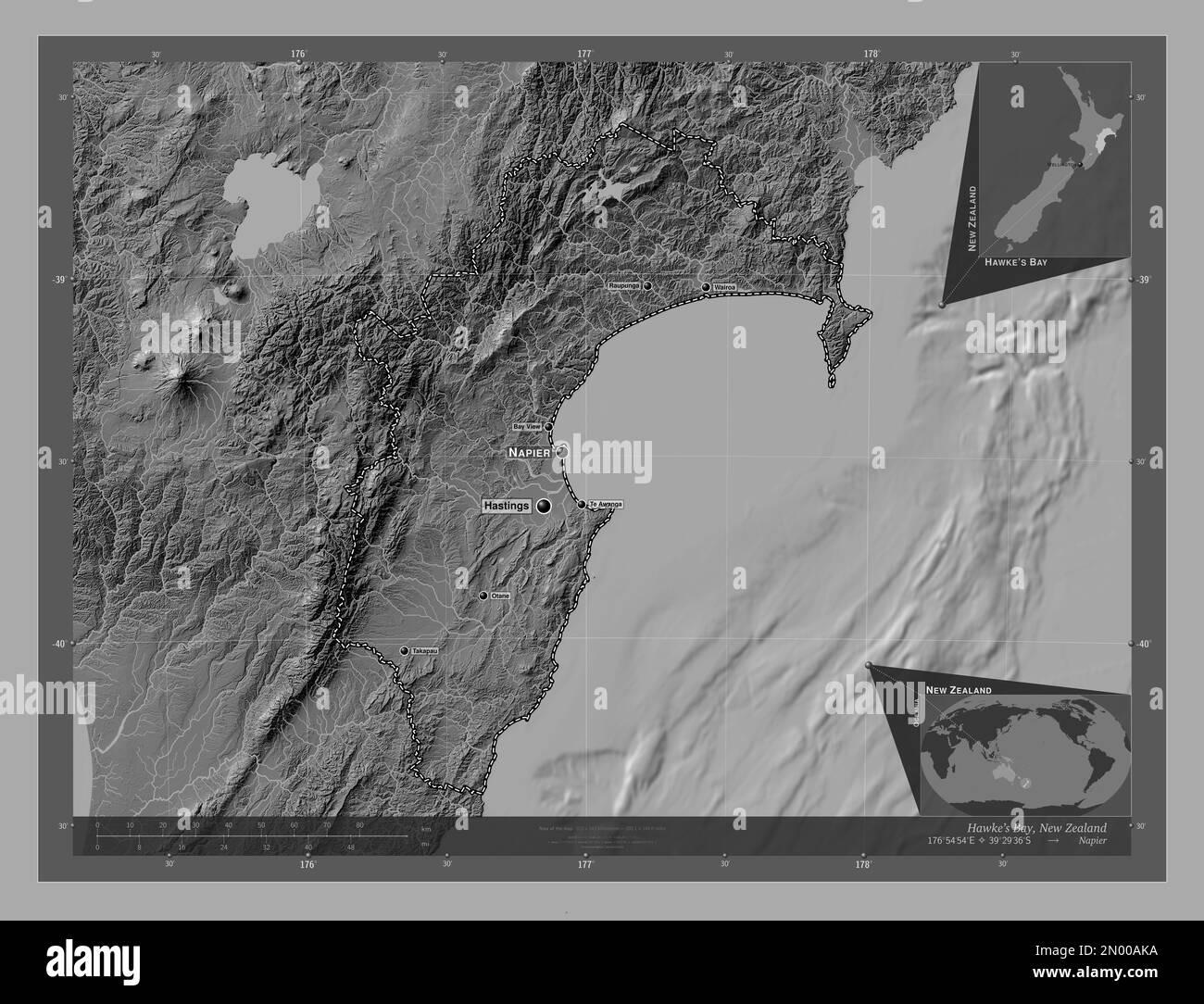 Hawke's Bay, regional council of New Zealand. Bilevel elevation map ...