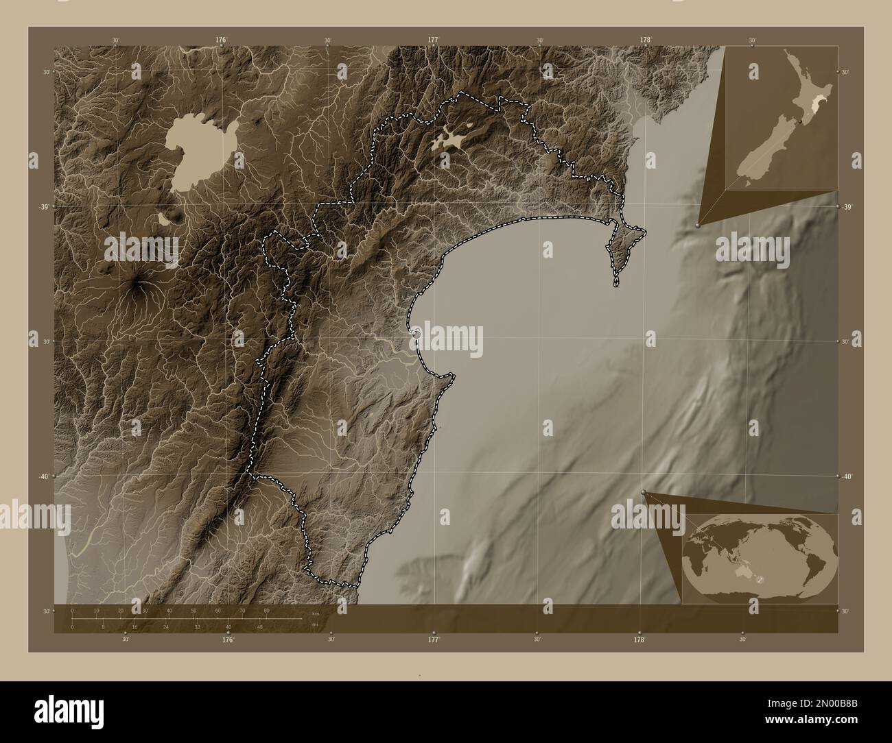 Hawke's Bay, regional council of New Zealand. Elevation map colored in ...