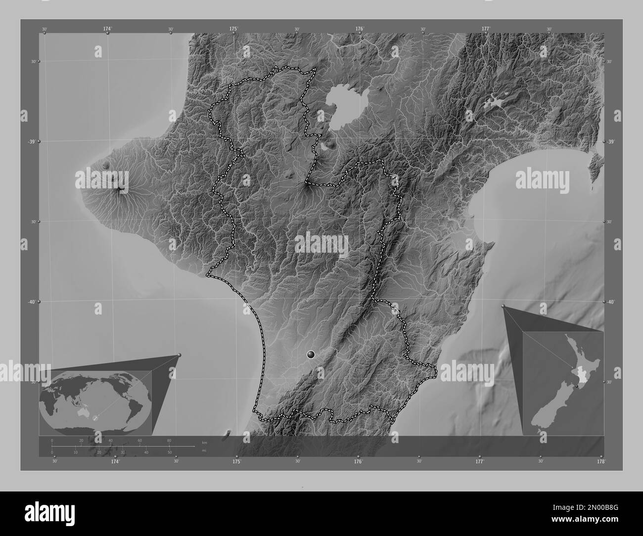 Manawatu-Wanganui, regional council of New Zealand. Grayscale elevation ...