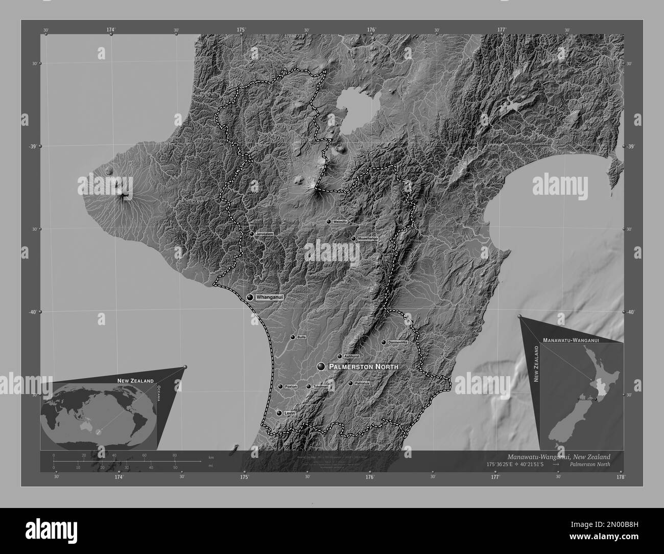 Manawatu-Wanganui, regional council of New Zealand. Bilevel elevation ...