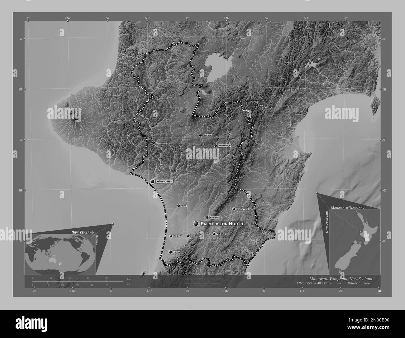 Manawatu-Wanganui, regional council of New Zealand. Grayscale elevation ...