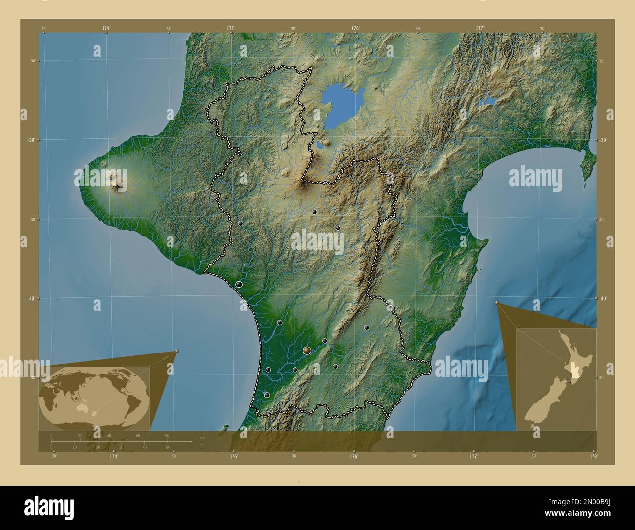 Manawatu-Wanganui, regional council of New Zealand. Colored elevation ...