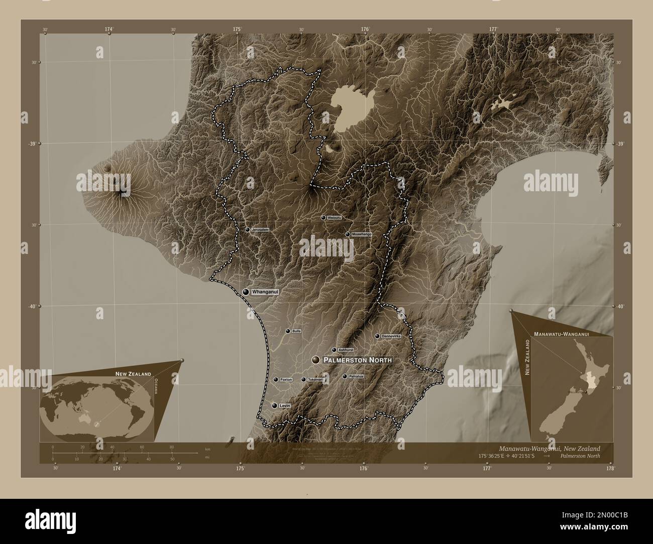 Manawatu-Wanganui, regional council of New Zealand. Elevation map ...
