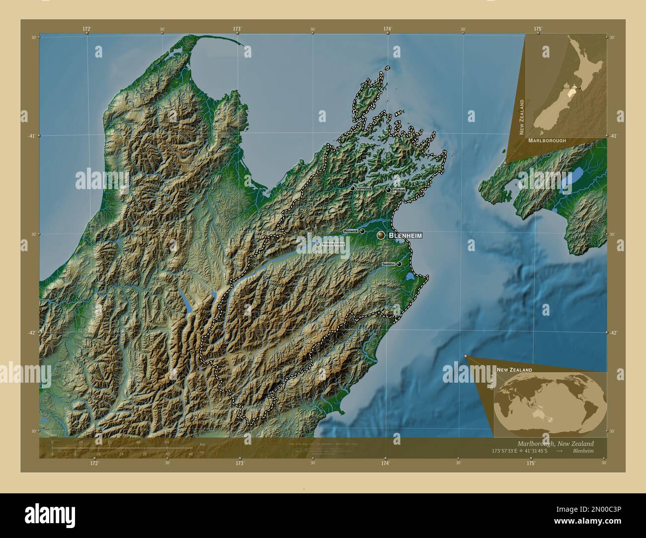 Marlborough, unitary authority of New Zealand. Colored elevation map ...