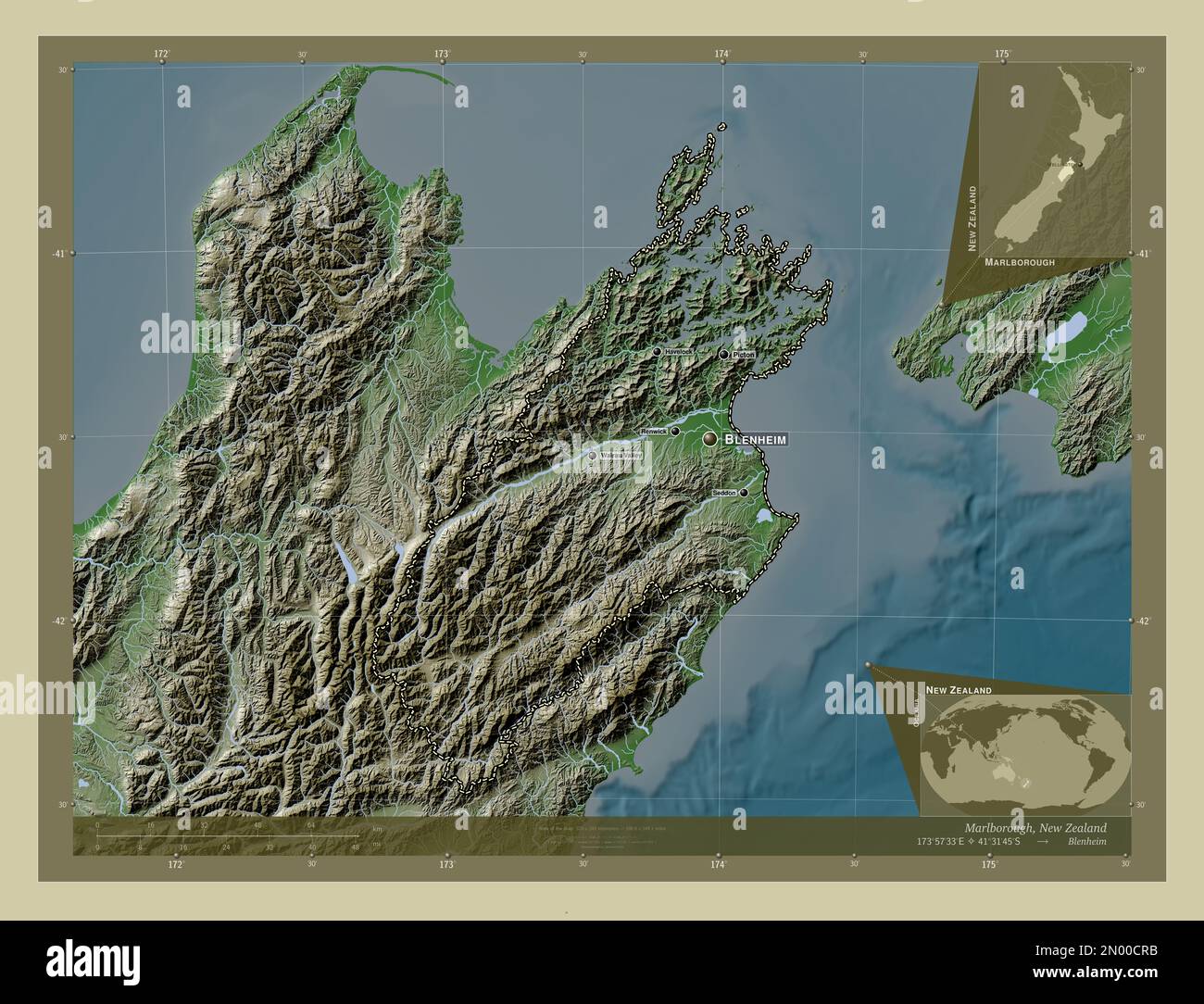 Marlborough, unitary authority of New Zealand. Elevation map colored in ...