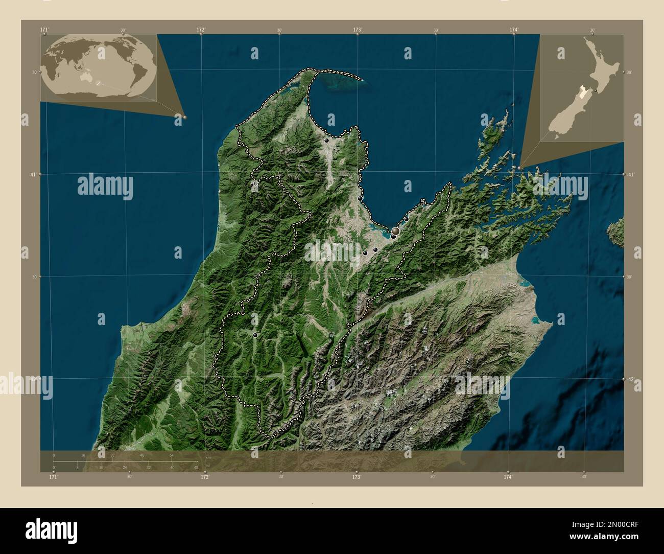 Nelson, unitary authority of New Zealand. High resolution satellite map ...