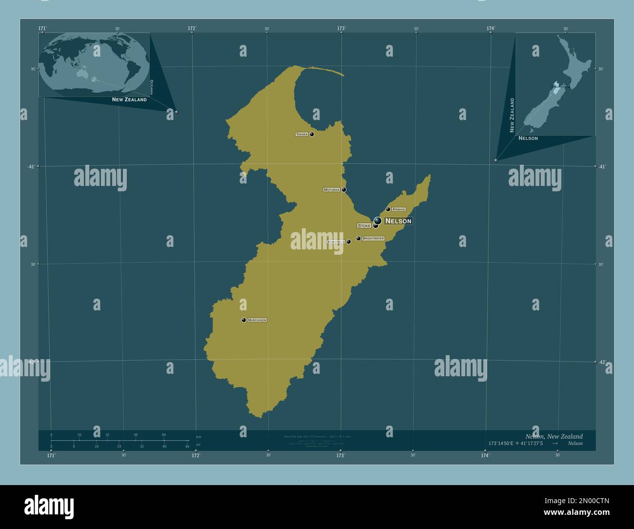 Nelson, unitary authority of New Zealand. Solid color shape. Locations ...