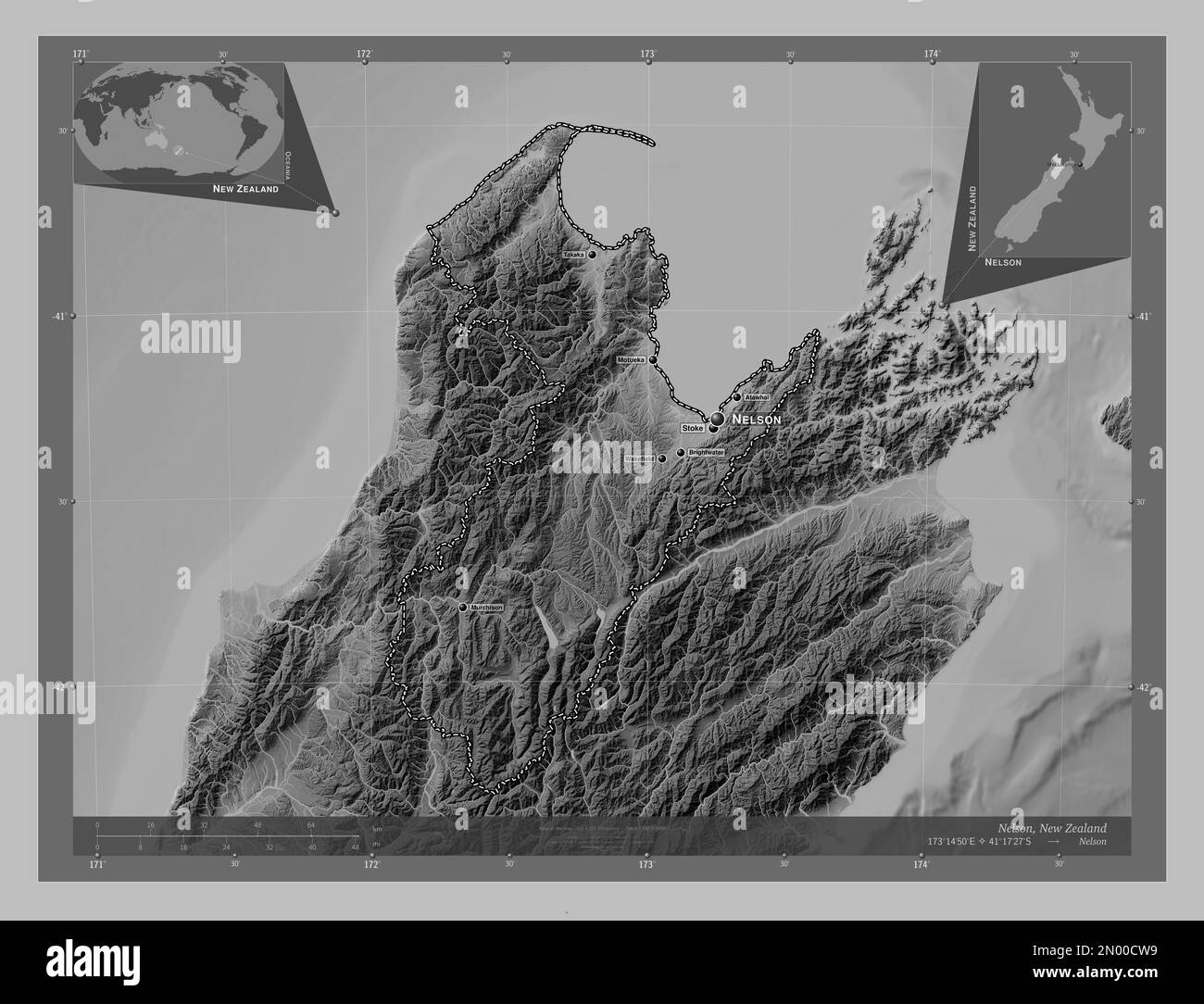 Nelson, unitary authority of New Zealand. Grayscale elevation map with ...