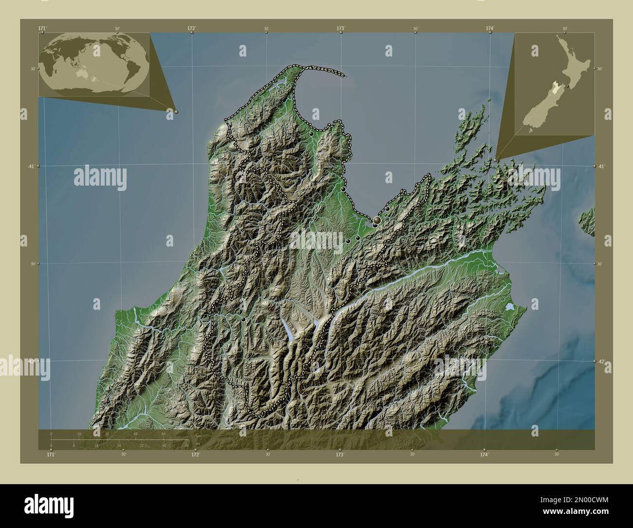 Nelson, unitary authority of New Zealand. Elevation map colored in wiki ...