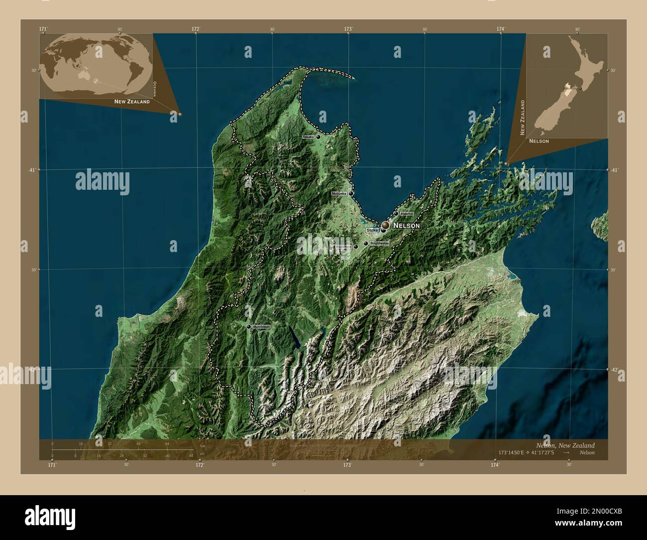 Nelson, unitary authority of New Zealand. Low resolution satellite map. Locations and names of ...