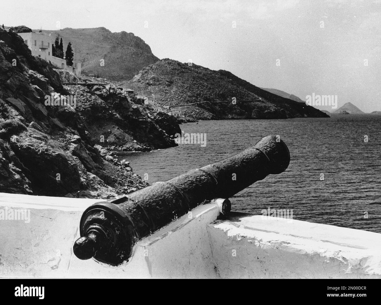 A now decorative cannon on the island of Hydra on an overlook facing ...
