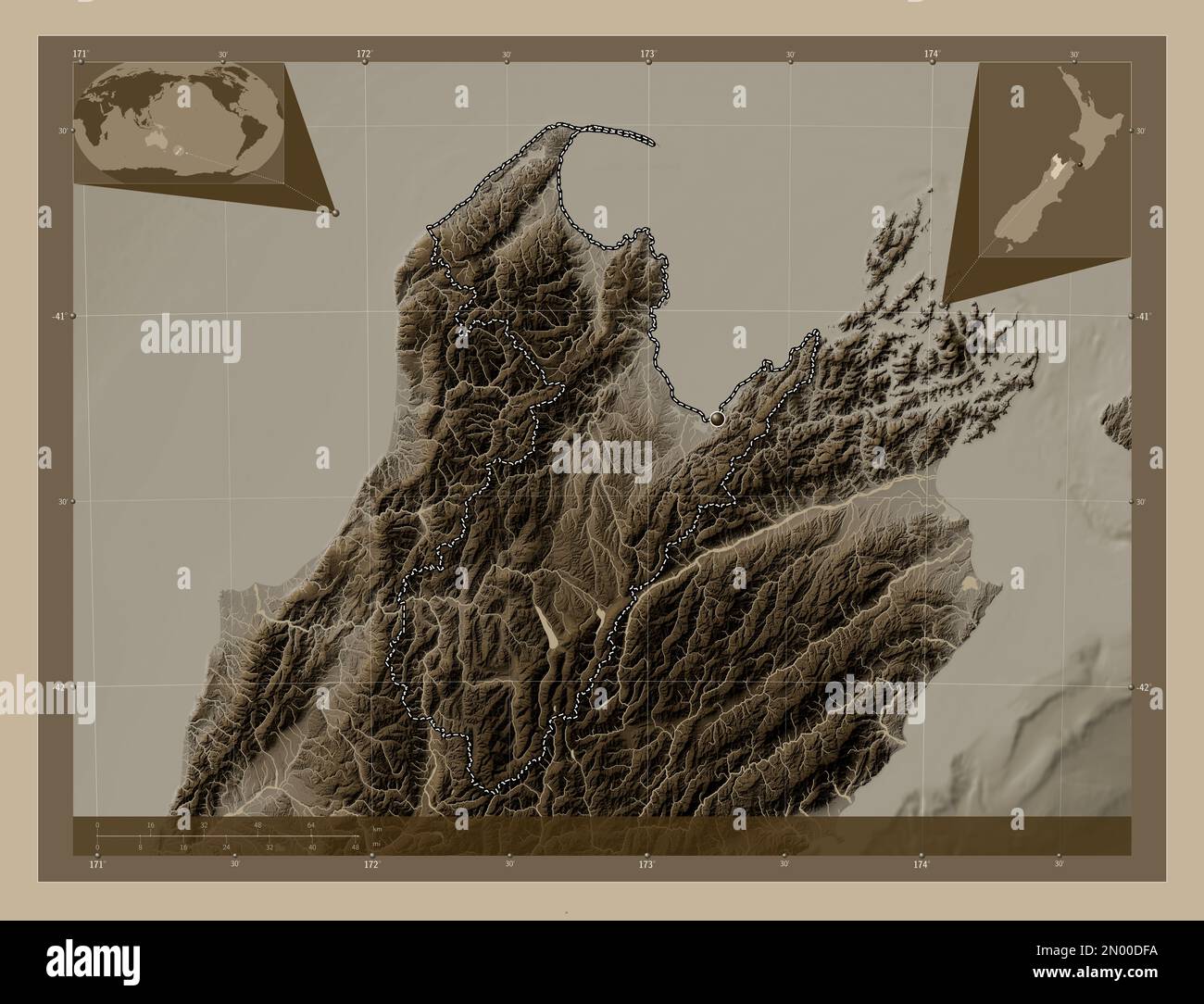 Nelson, unitary authority of New Zealand. Elevation map colored in ...