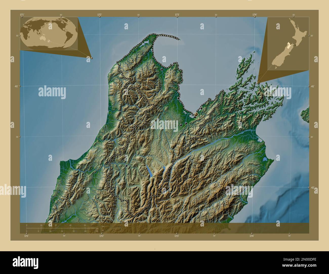 Nelson, unitary authority of New Zealand. Colored elevation map with lakes and rivers. Locations ...