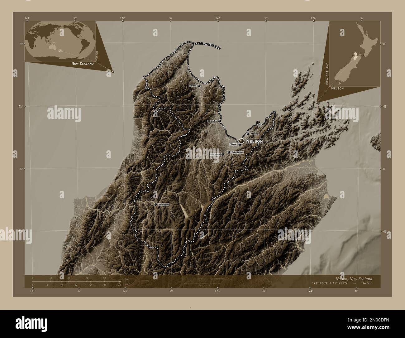 Nelson, unitary authority of New Zealand. Elevation map colored in ...