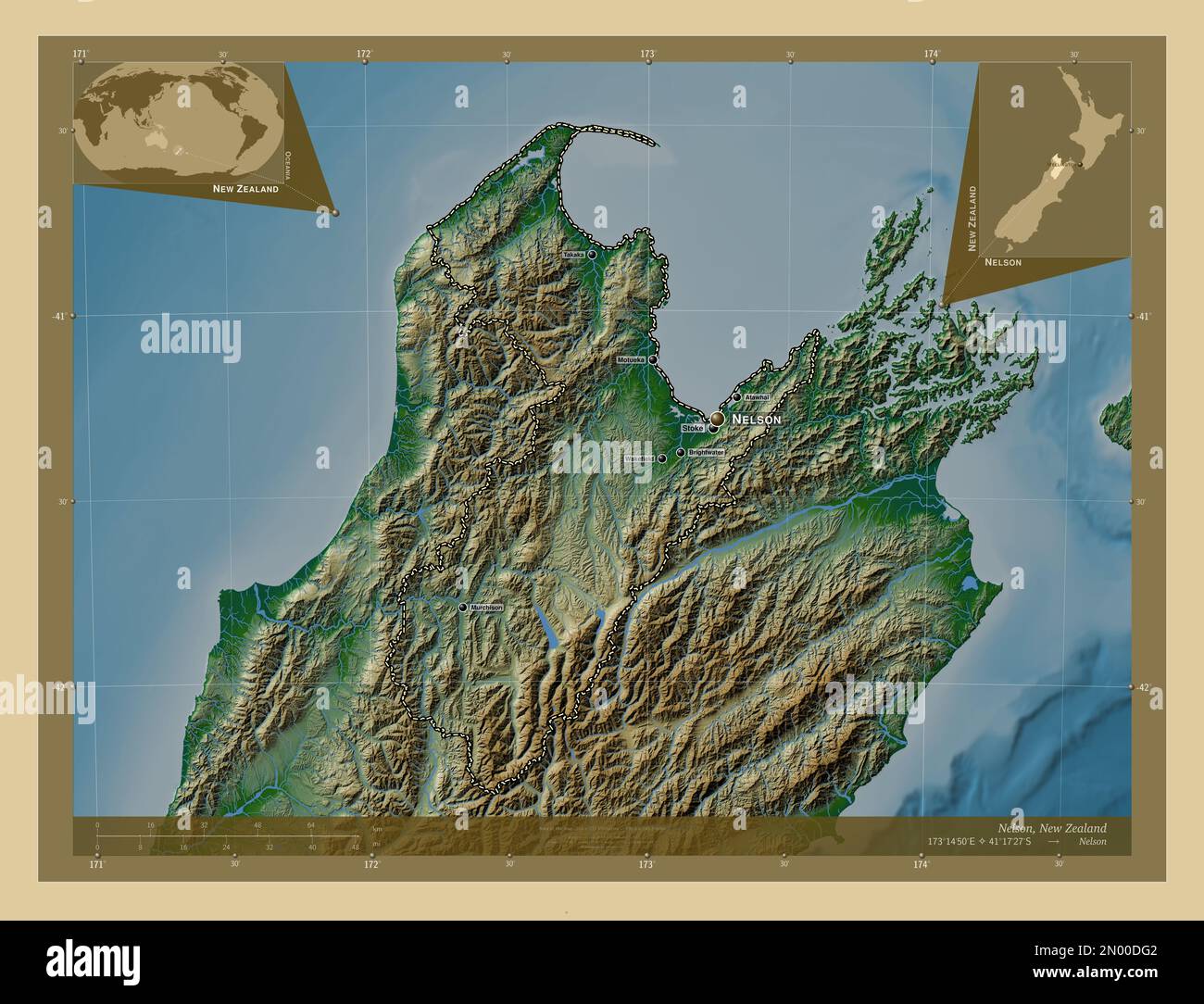 Nelson, unitary authority of New Zealand. Colored elevation map with ...