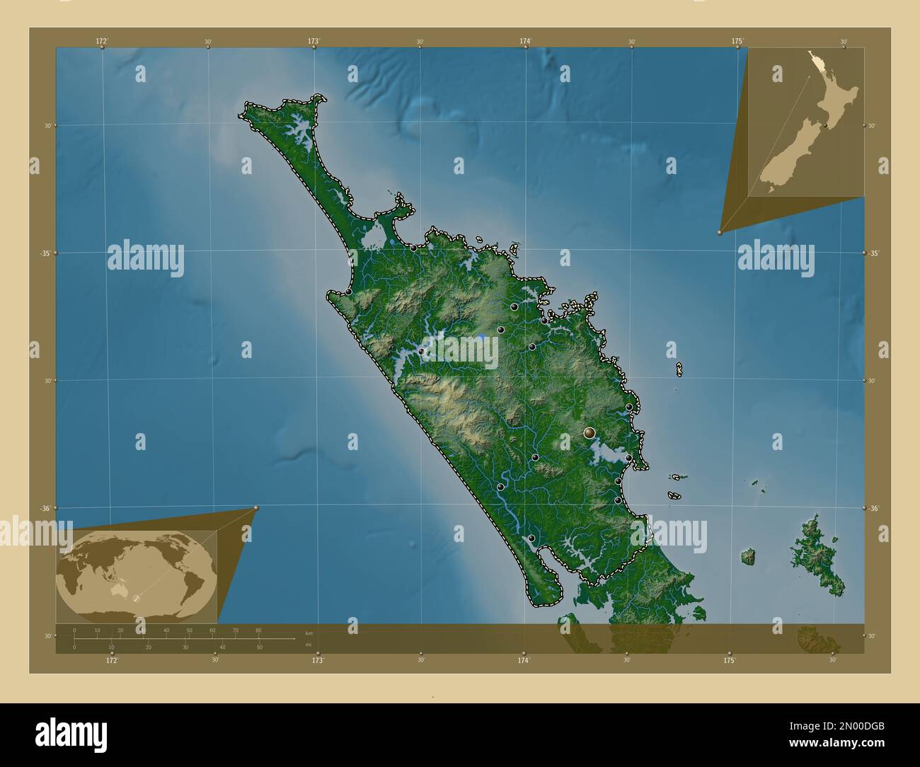 Northland, regional council of New Zealand. Colored elevation map with ...