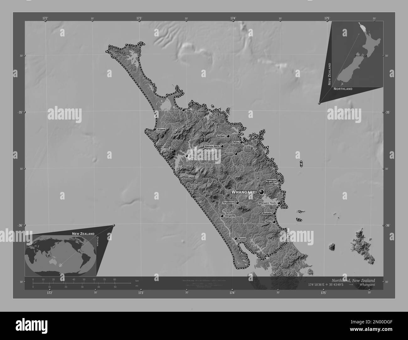 Northland, regional council of New Zealand. Bilevel elevation map with ...