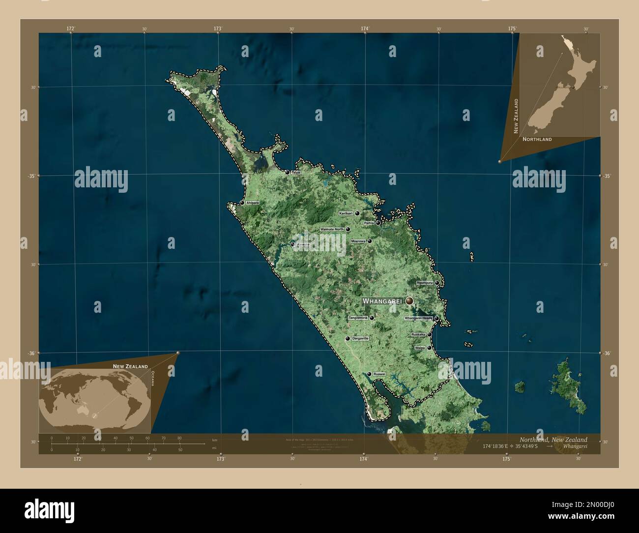 Northland, regional council of New Zealand. Low resolution satellite ...