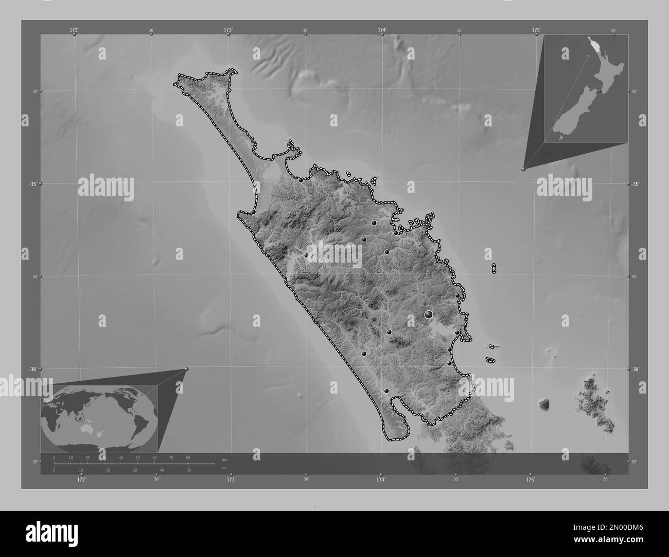 Northland, regional council of New Zealand. Grayscale elevation map ...