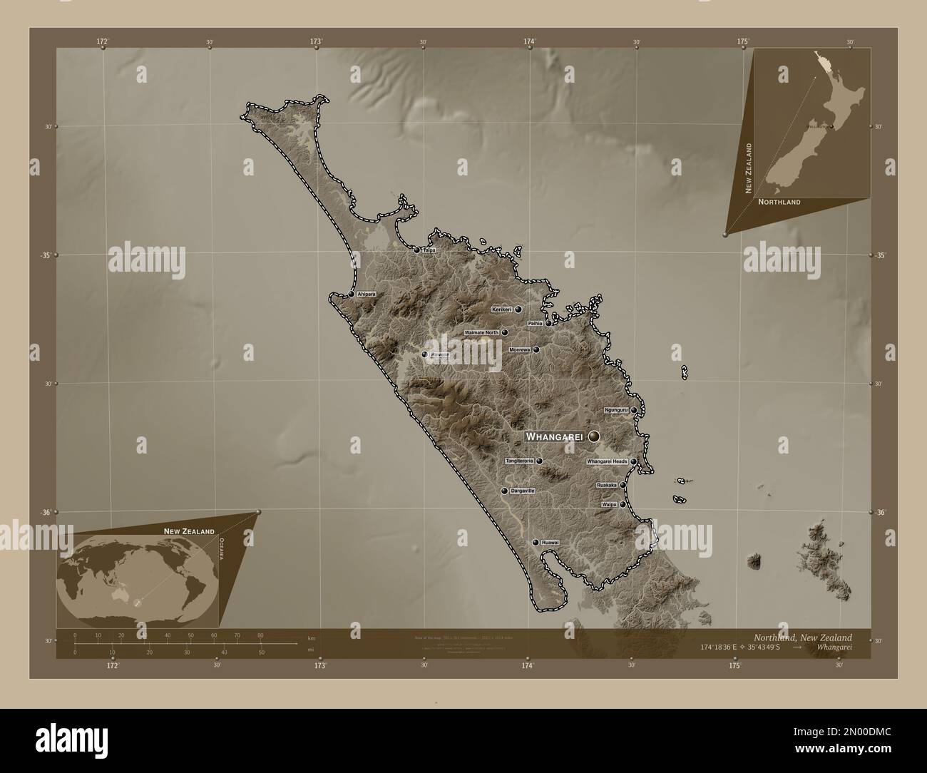 Northland, regional council of New Zealand. Elevation map colored in ...