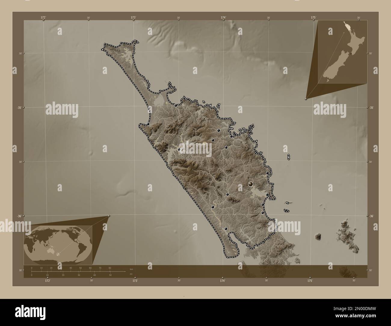 Northland, regional council of New Zealand. Elevation map colored in ...