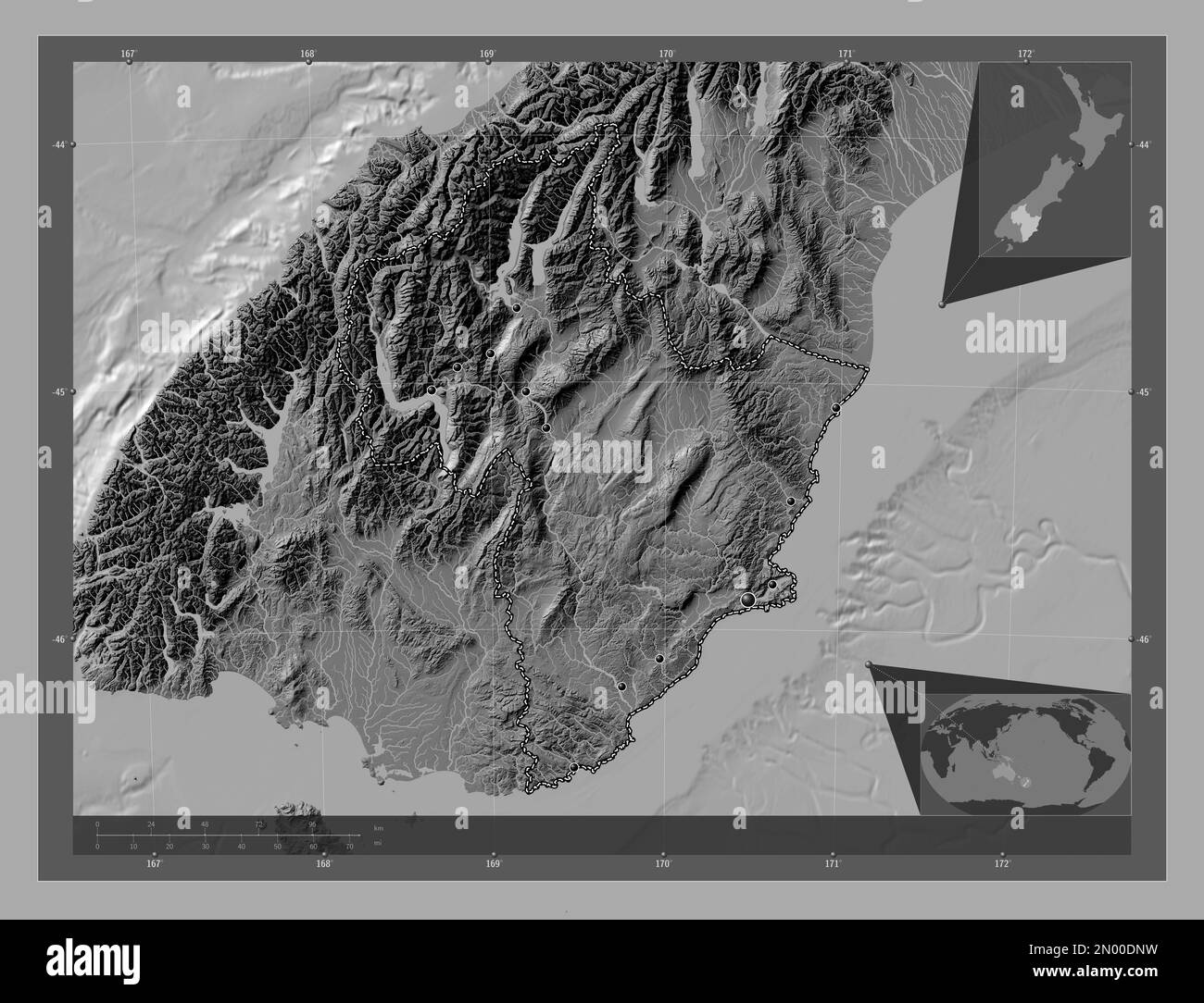 Otago, regional council of New Zealand. Bilevel elevation map with ...
